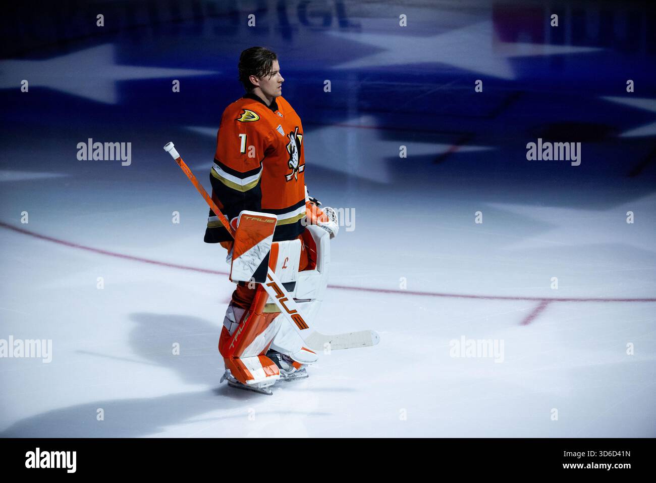 Anaheim Ducks goaltender Lukas Dostal (1) lines up before the start of ...