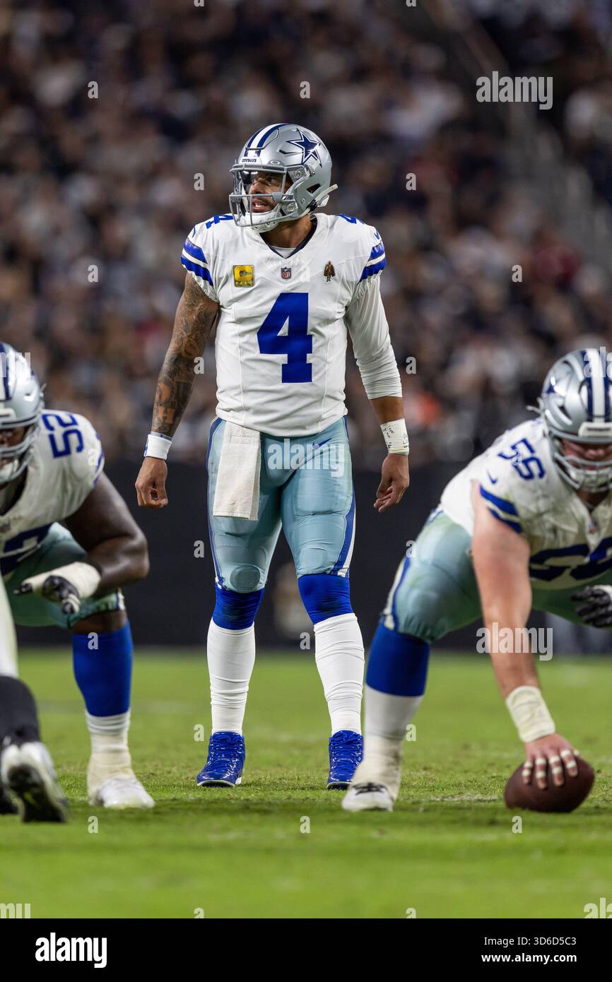 Dallas Cowboys quarterback Dak Prescott (4) lines up against the Las ...