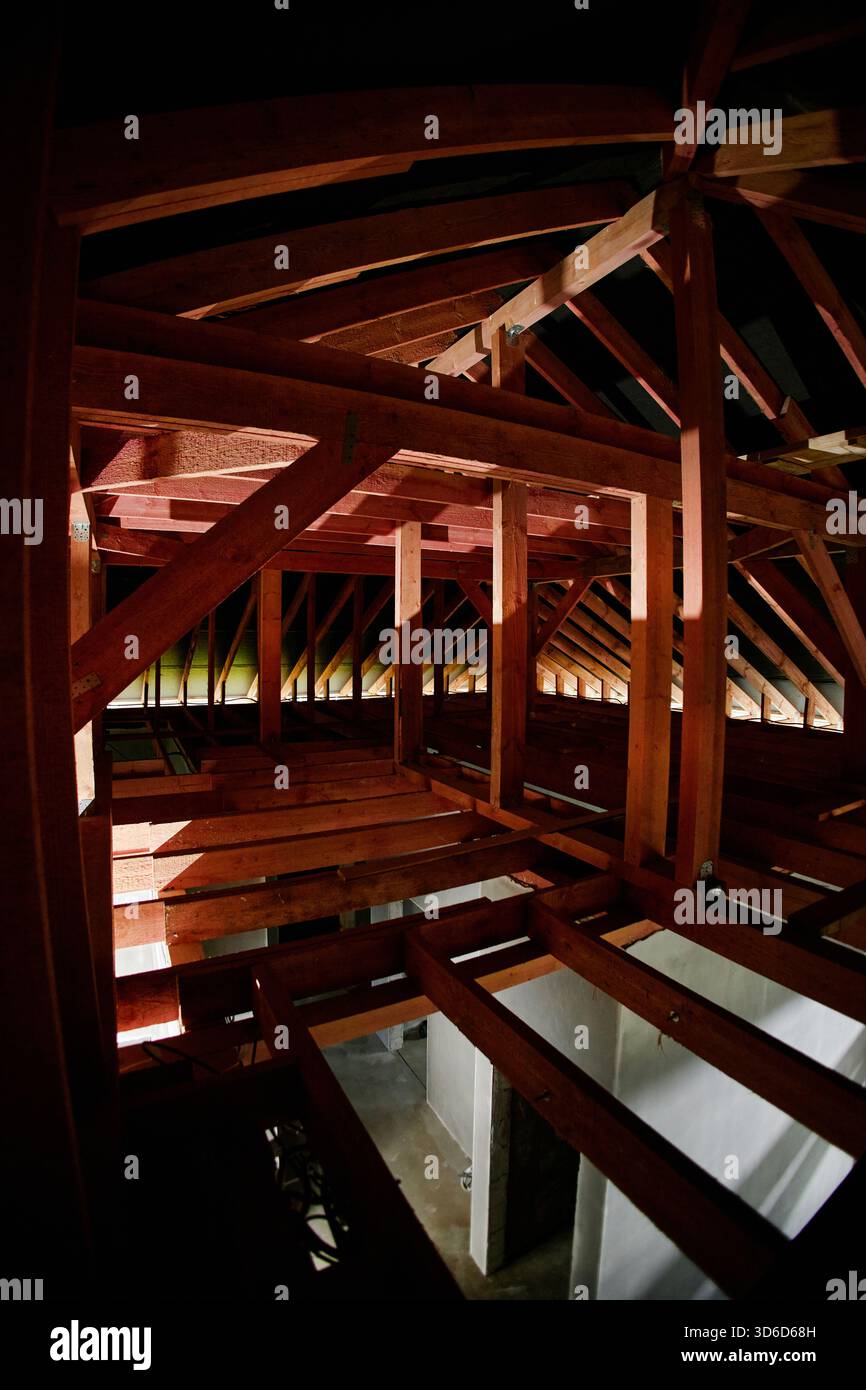 Wooden Roof Trusses Supporting Residential Attic Construction Framework ...