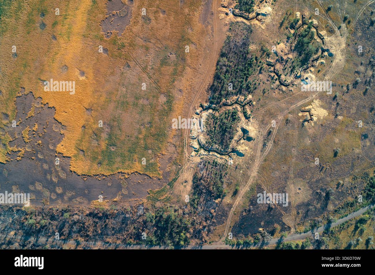 Top-down aerial photo showing complex military trenches and earth ...