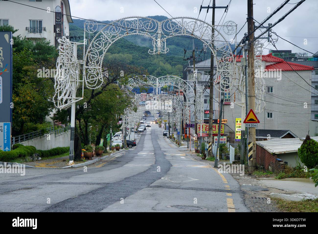Decorative light arches span a downhill main street in Suanbo Township ...
