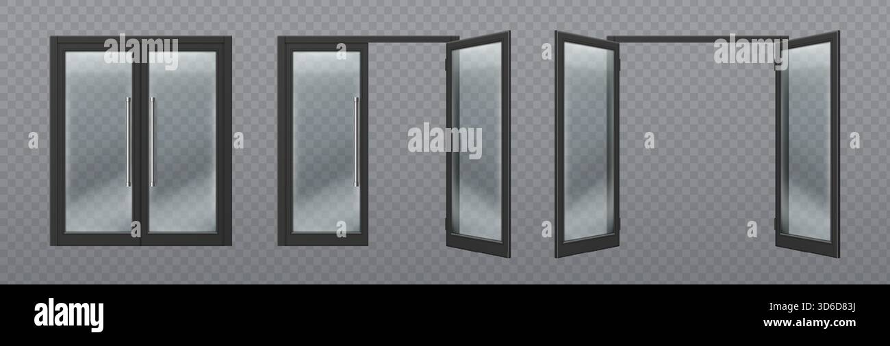 Glass door entrance set with dark frames and chrome handles. 3d ...
