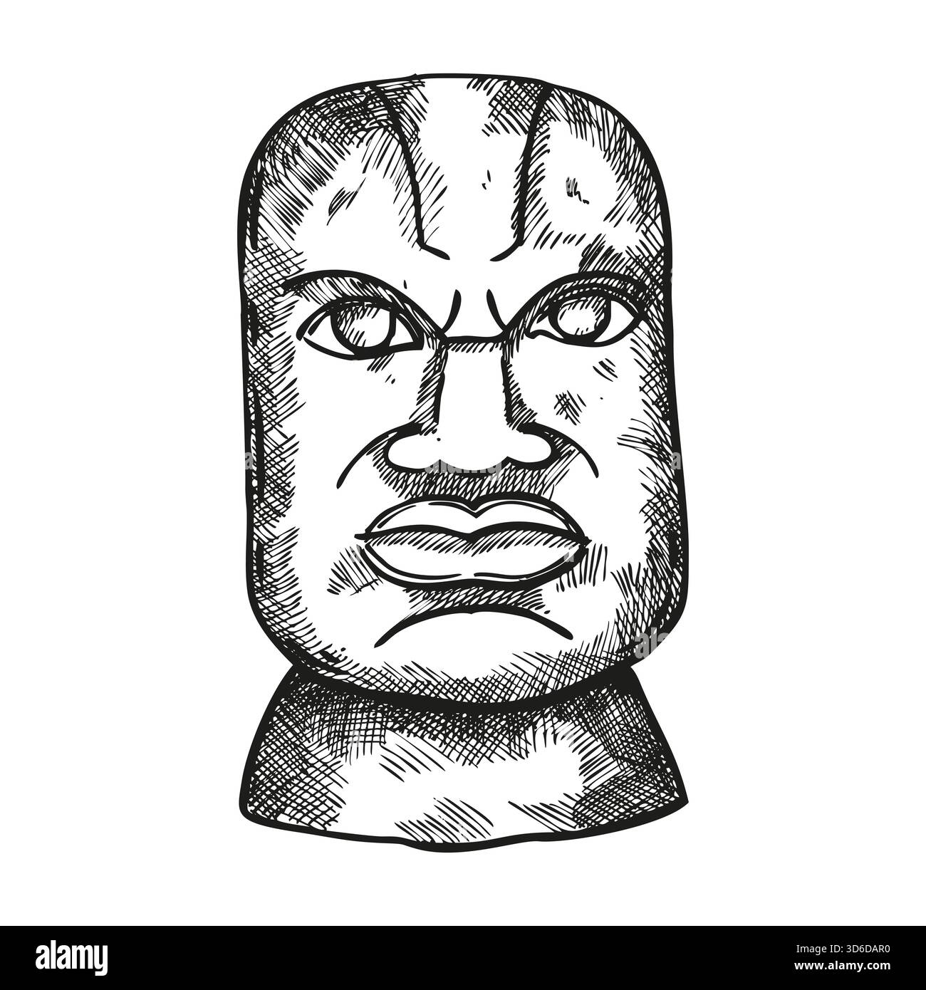 vector black olmec stone head, hand drawn ink ancient sculpture ...