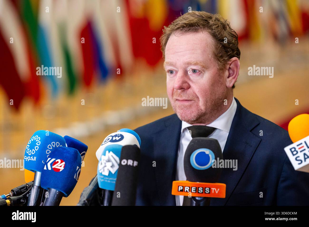 Dutch Foreign Minister David van Weel speaks with the media as he ...