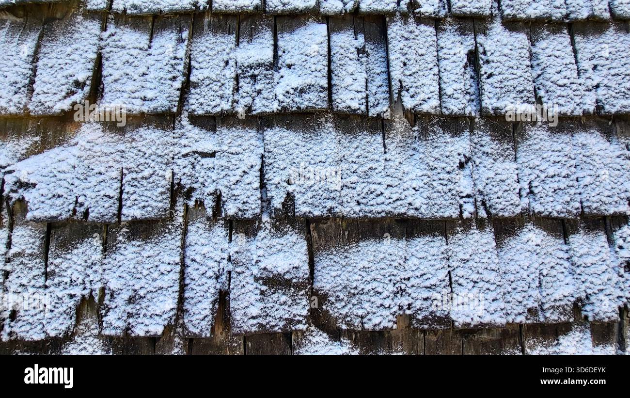 A detailed close-up of a traditional alpine hut roof covered in frost ...