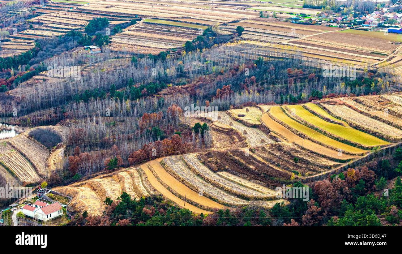 Aerial photo shows the early winter scenery of terraced fields in ...
