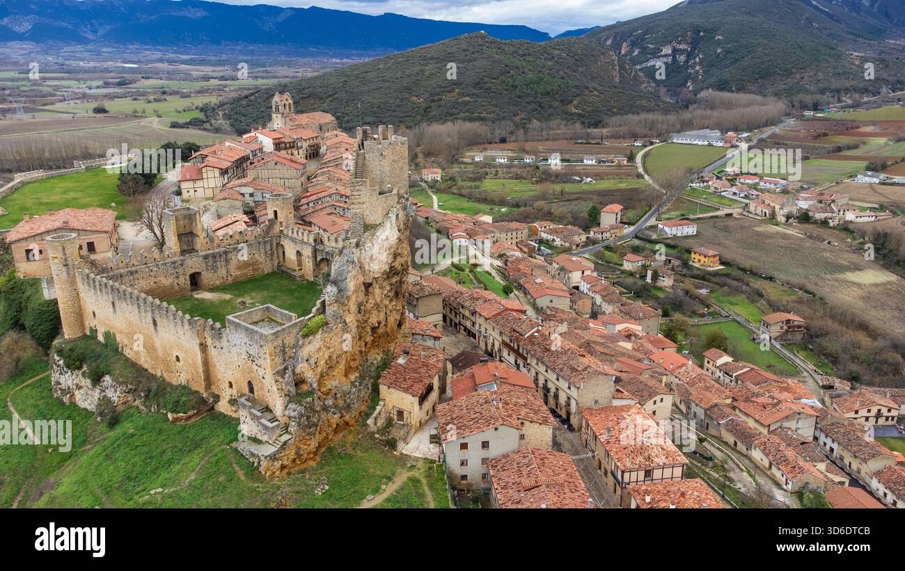 Aerial view of the medieval Frías Castle and the half-timbered houses ...