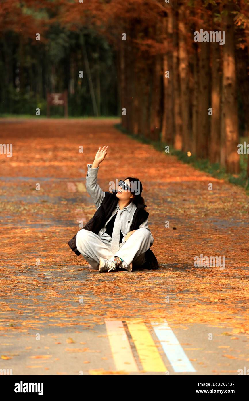 People enjoy early winter scenery at a forest park in Rizhao City, east ...