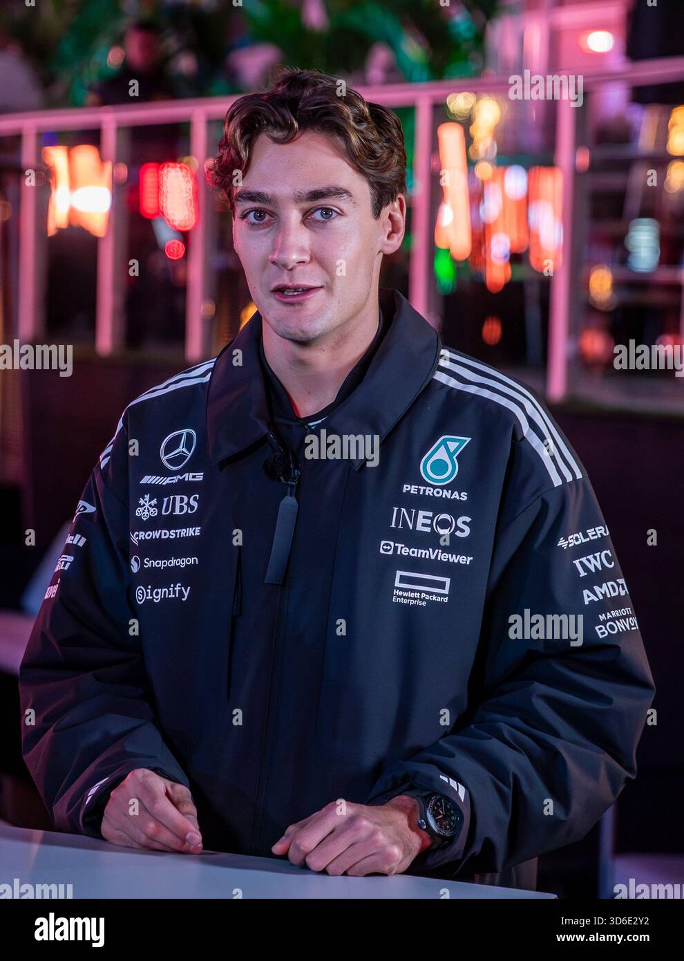 November 19 2025 Las Vegas NV, U.S.A. Mercedes driver George Russell (63) in the paddock area ...