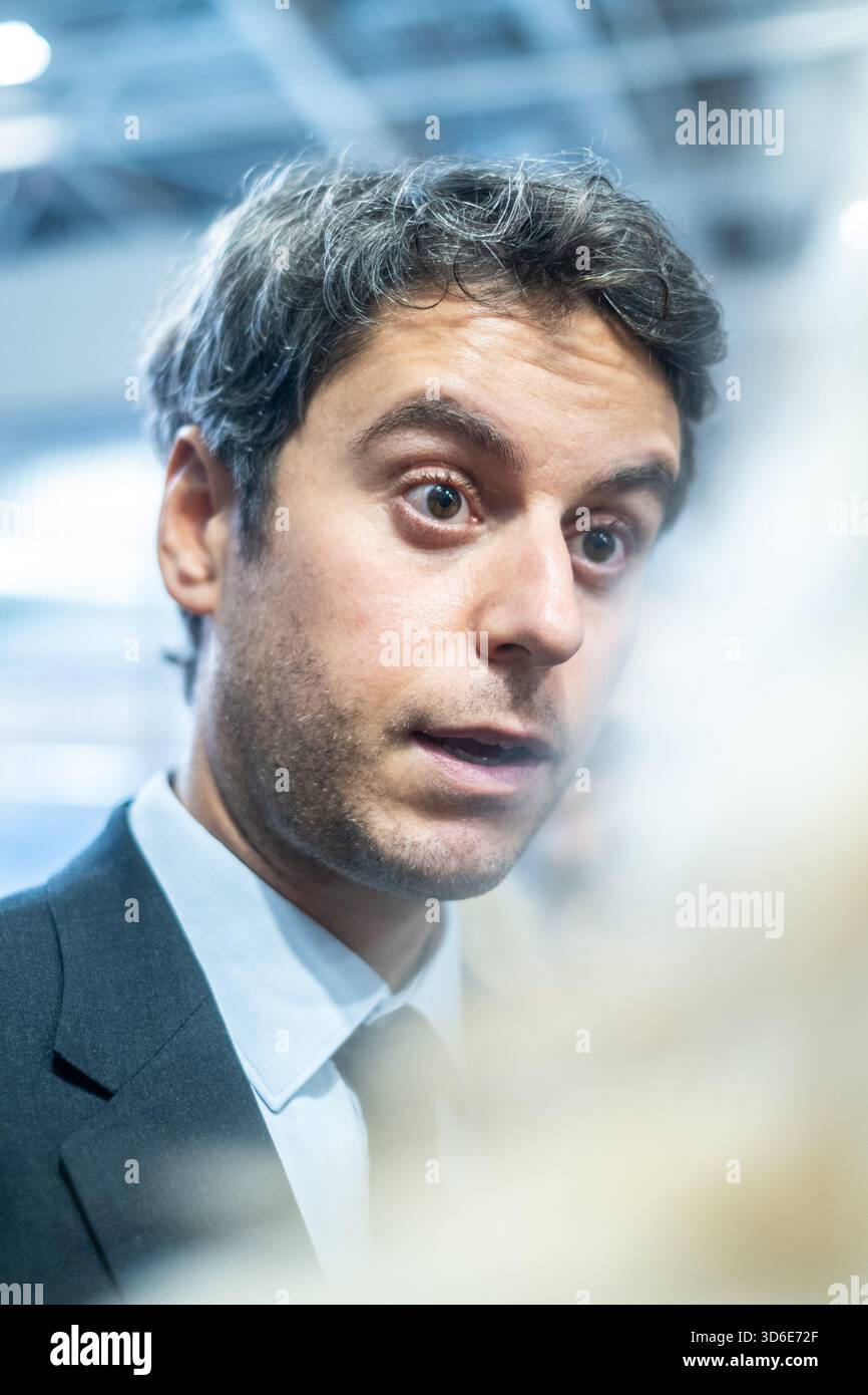 Portrait of Gabriel Attal looking surprised with his mouth open, former Prime Minister under ...