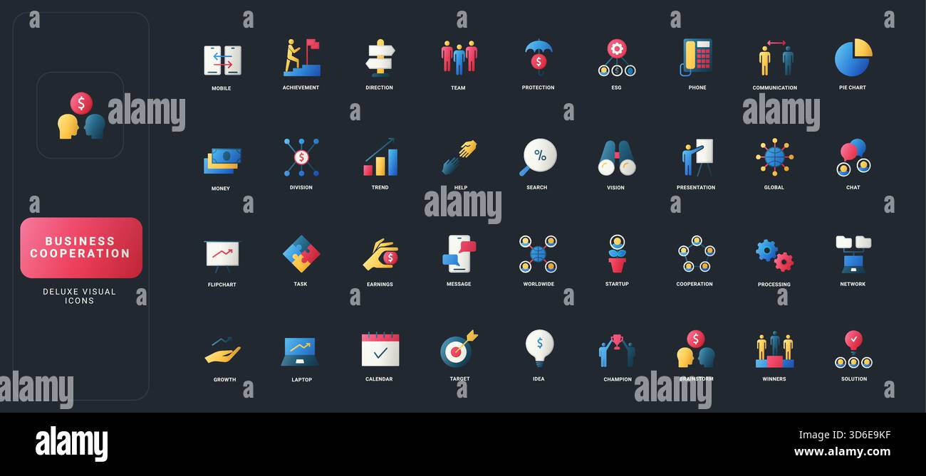 Gradient flat style icons set with business, teamwork, communication ...