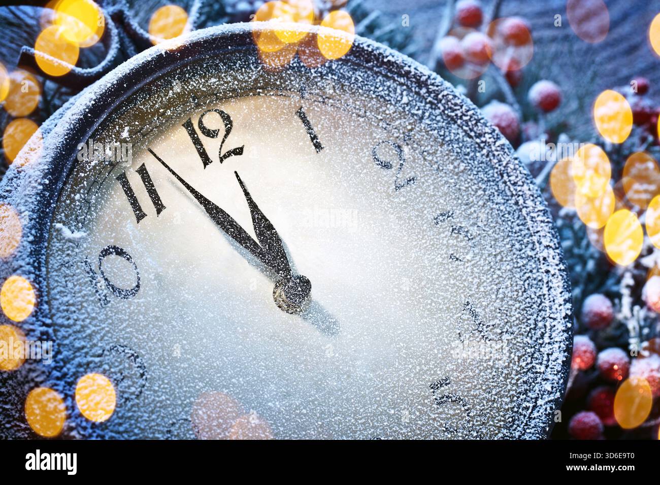 Countdown Christmas midnight. Christmas clock covered with fresh snow ...