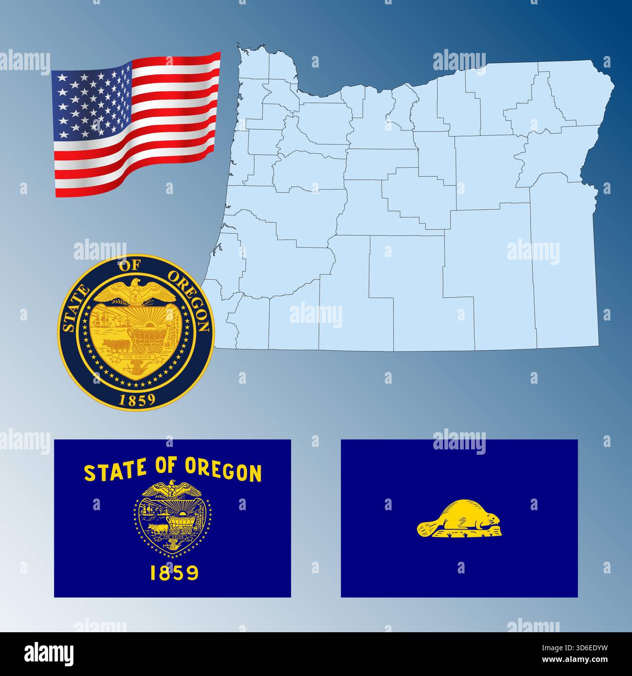 Oregon US federal state waving flag, seal and map, United States ...