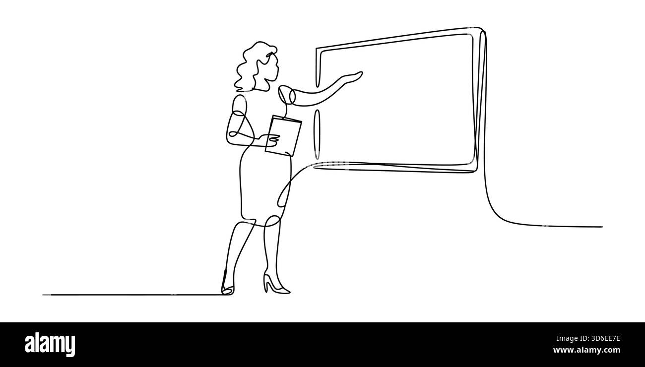 Single line drawing of a woman presenting during a meeting on ...