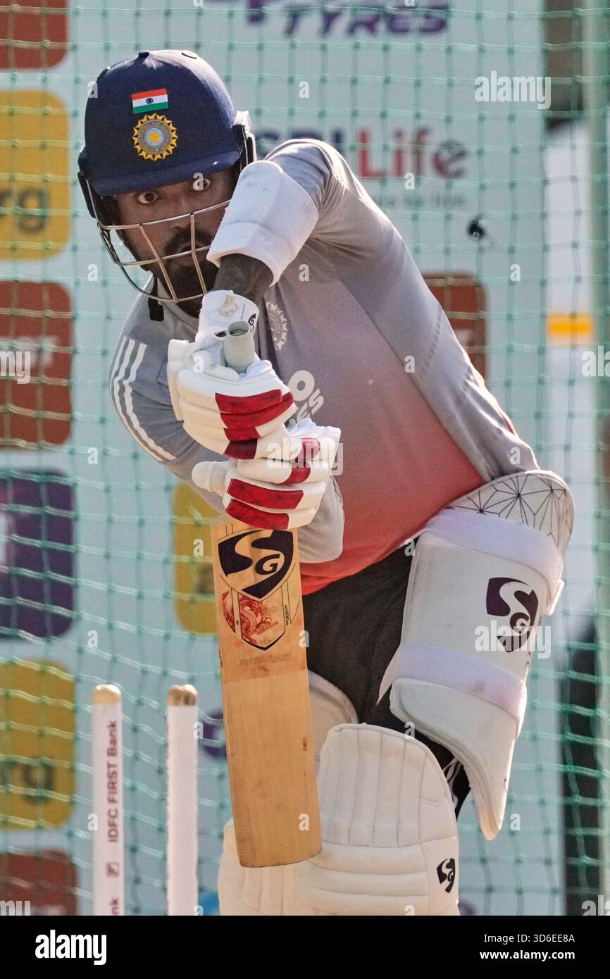 India's K. L. Rahul bats during a practice session ahead of the second ...