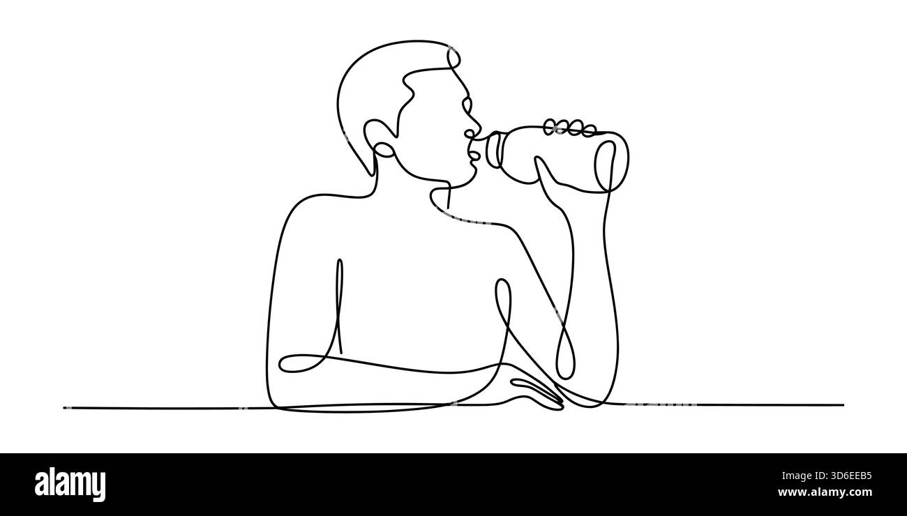 Continuous line drawing of a person drinking water from a bottle ...