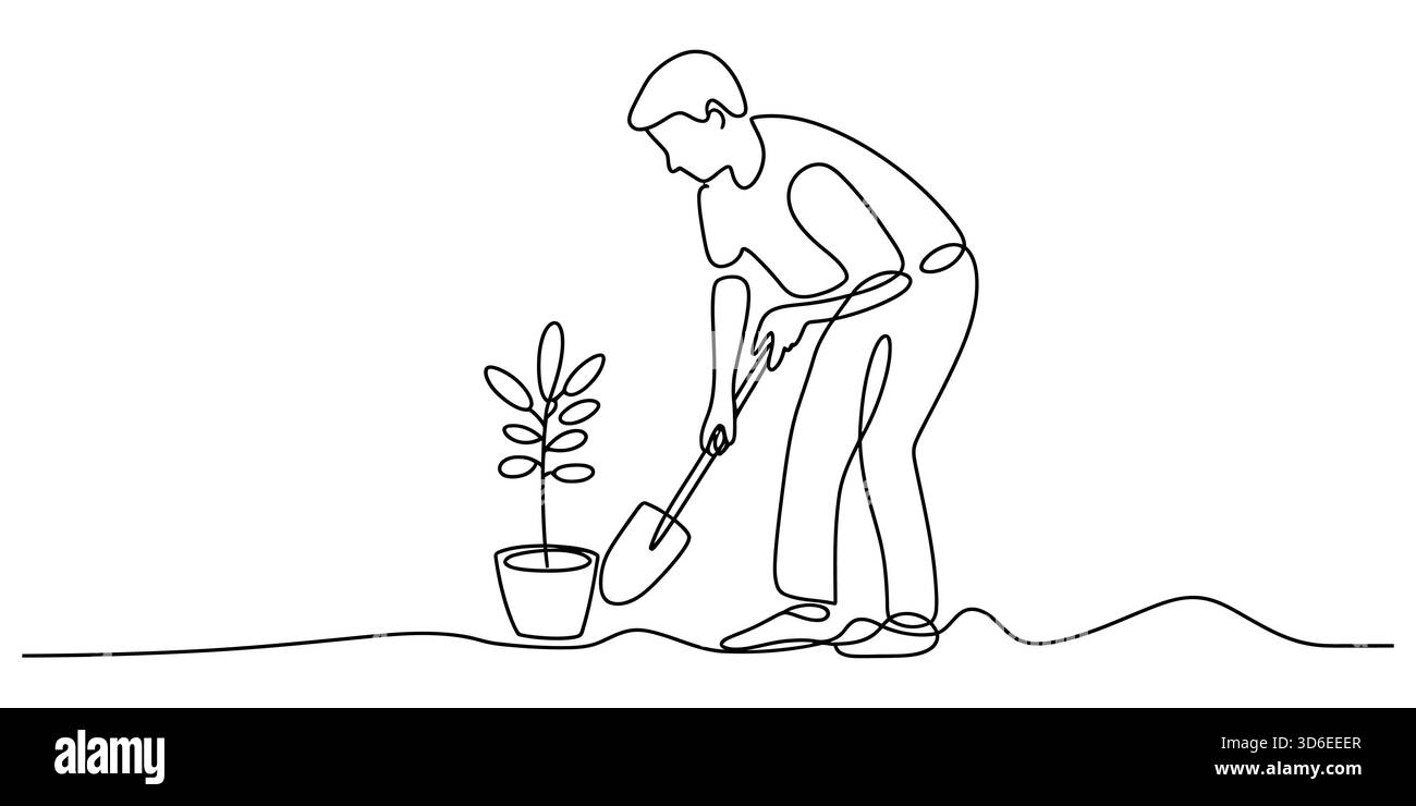 Monoline drawing of a person planting a tree sapling with a small ...