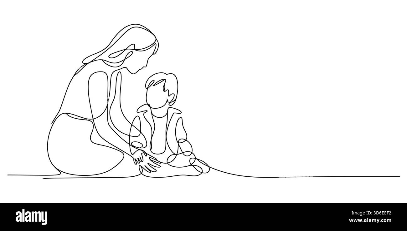 Continuous line art drawing of a mother and child bonding moment ...