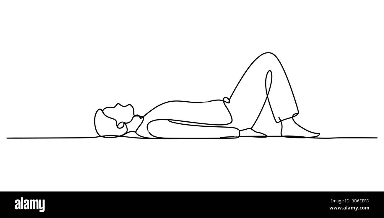 Continuous line drawing of person lying on back, knees bent, relaxation ...