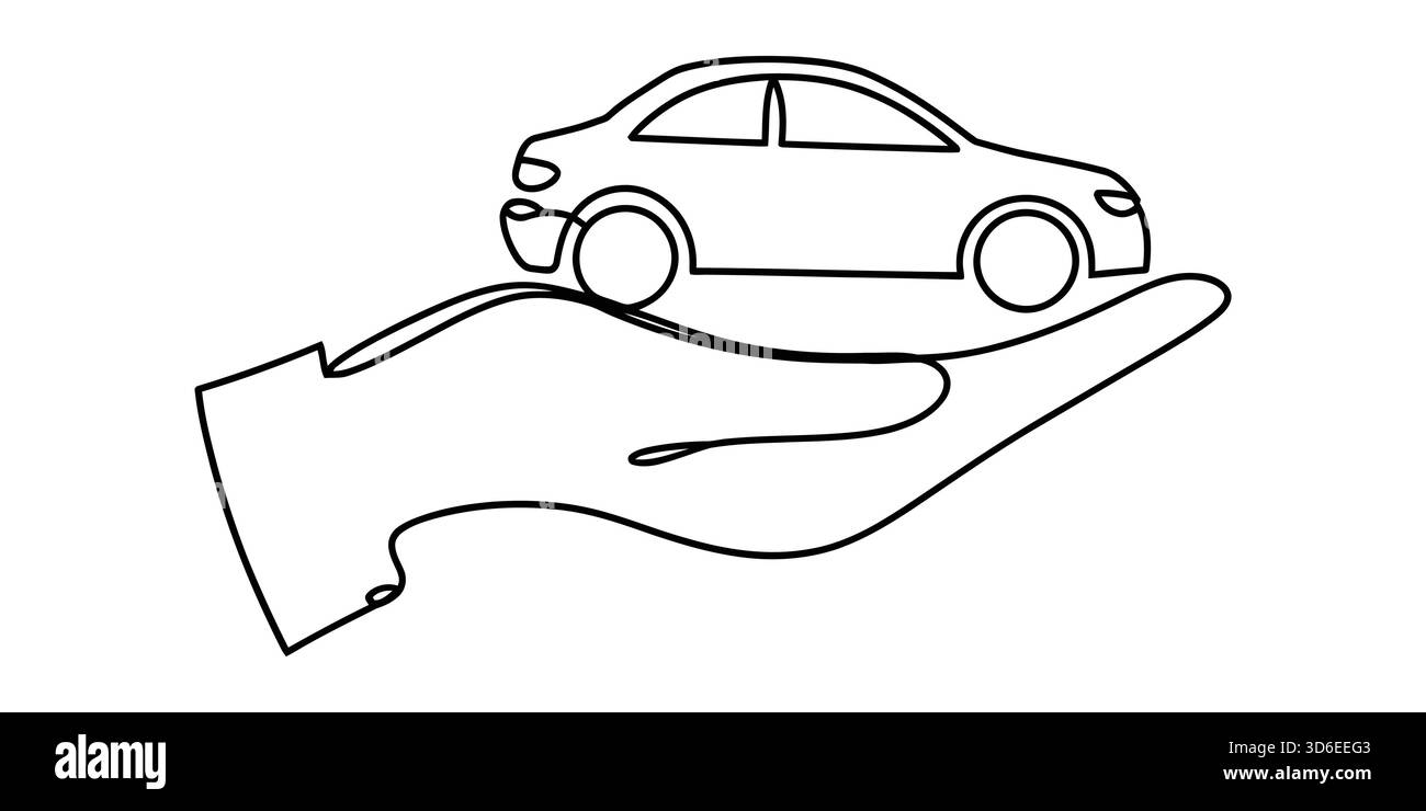 Continuous line art drawing of a car resting safely on a protective ...