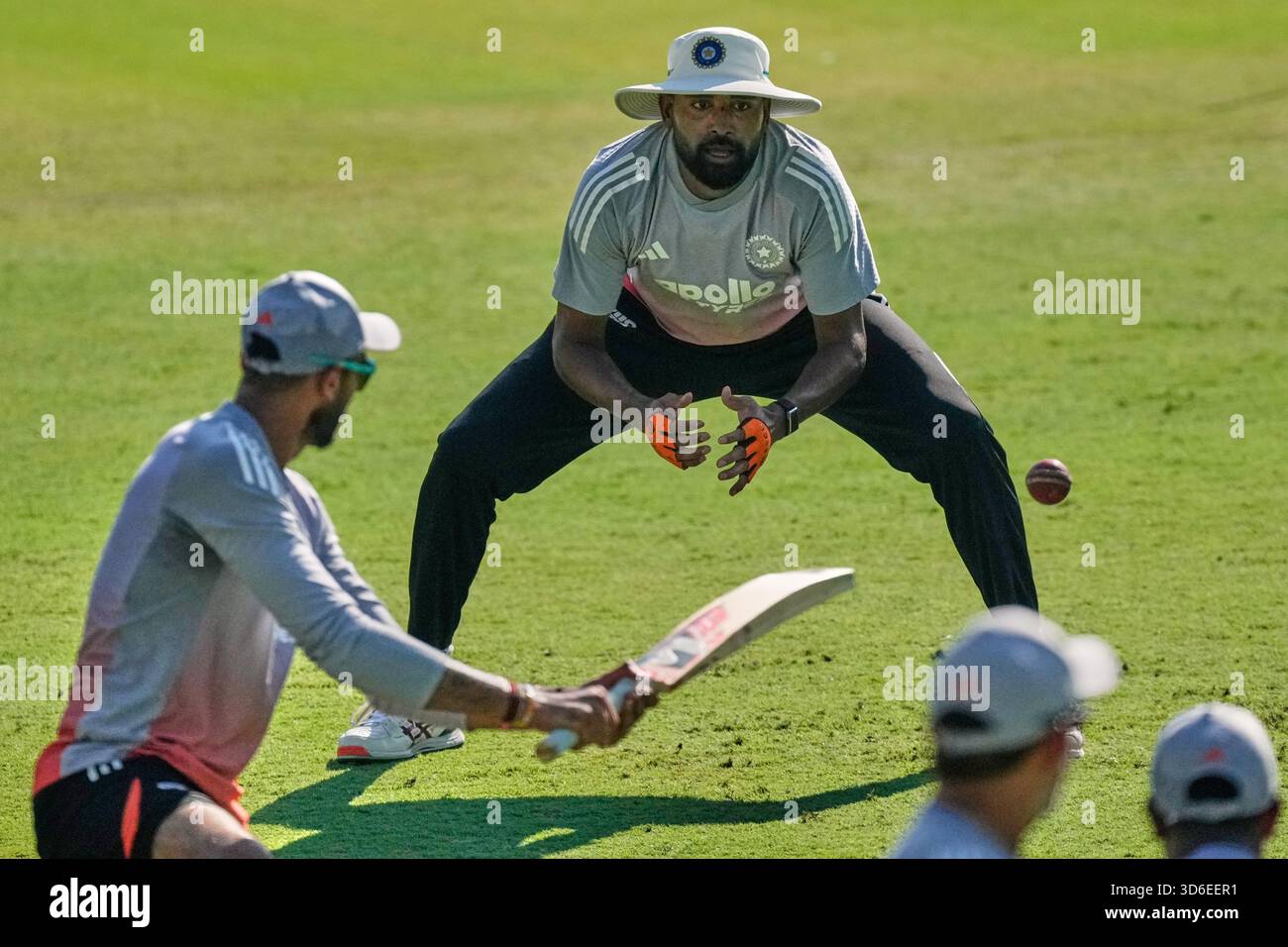 India's Mohammed Siraj takes a catch during a practice session ahead of ...
