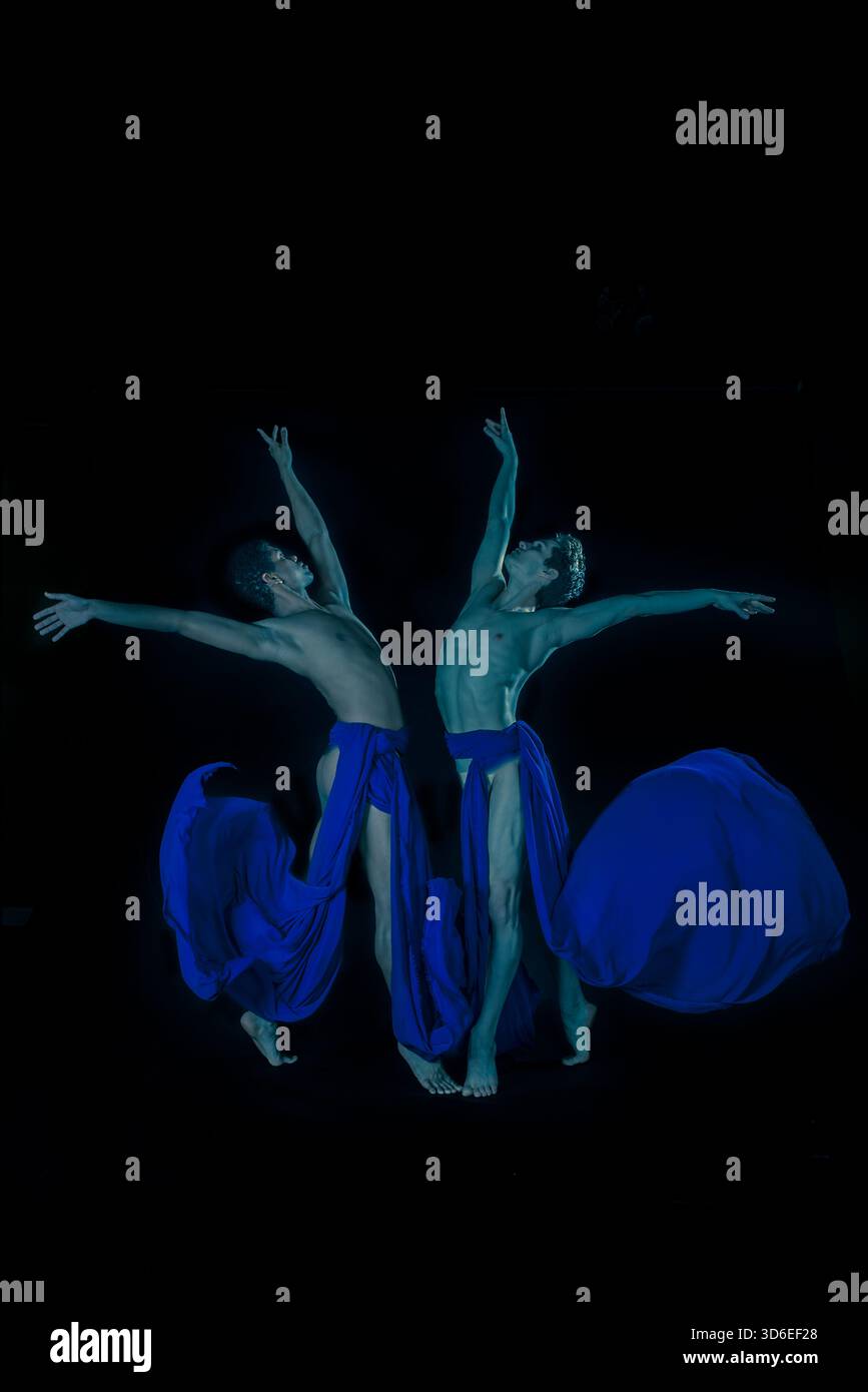Color portrait of two male ballet dancers performing expressive ...