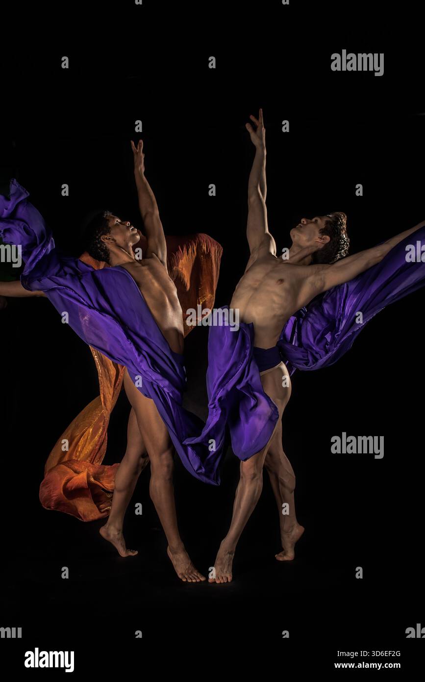 Color portrait of two male ballet dancers performing expressive ...