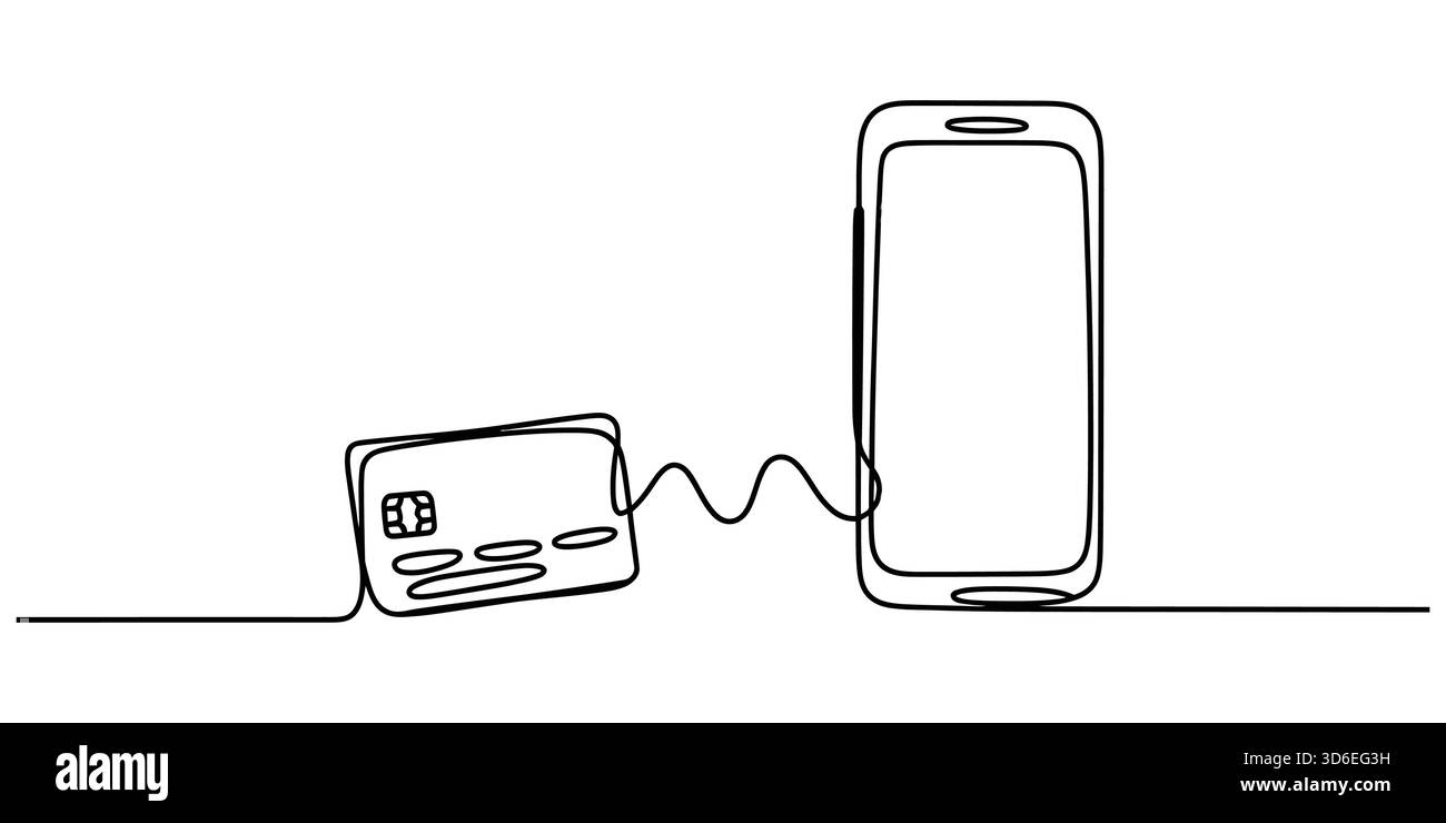 Credit card and smartphone connected, single line art for online ...