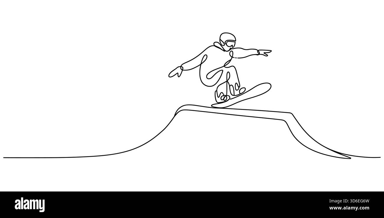 Continuous line art of a snowboarder performing a trick on a jump rail ...