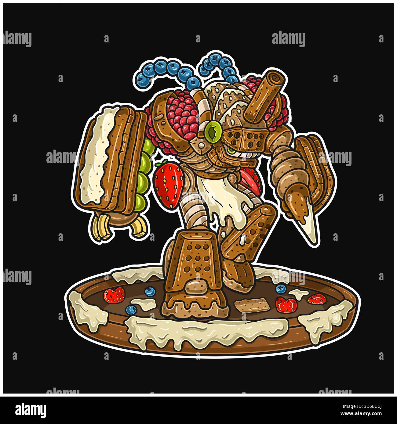 Cartoon Mascot Character of Biscuit monster standing on a wooden plate ...
