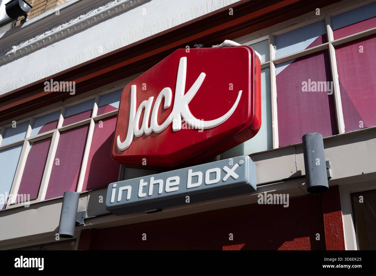 Jack in the Box fast food restaurant sign on storefront facade, San ...