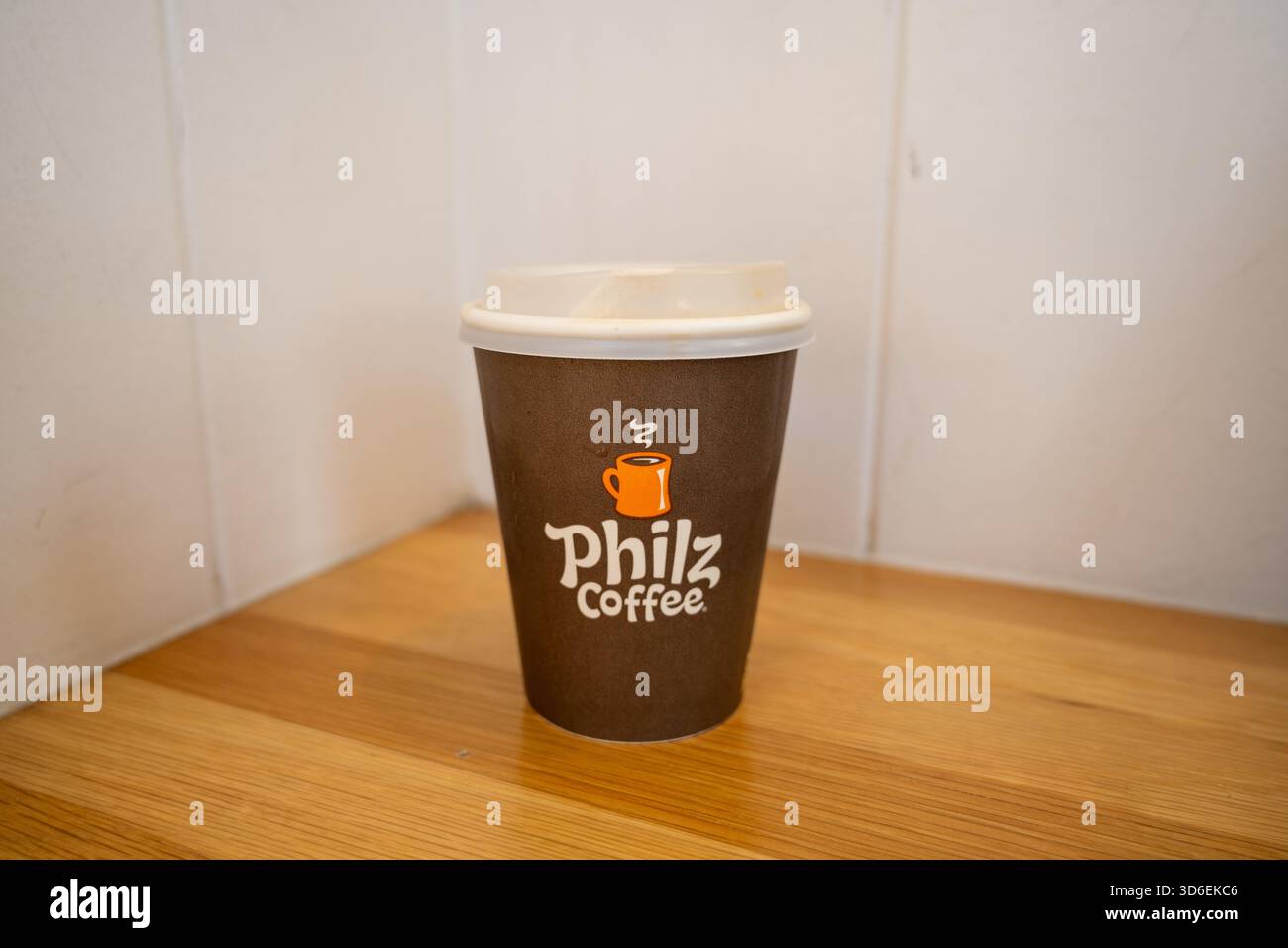 Close-up of cup of Philz coffee in a cafe in Lafayette, California with ...