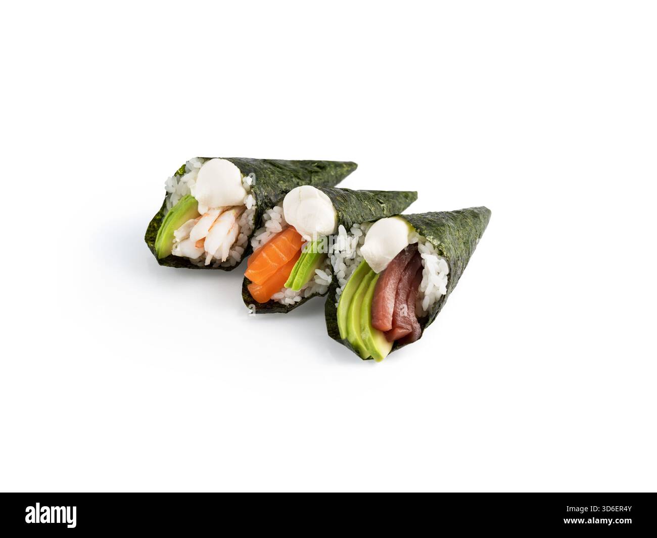 Three pieces of handmade temaki sushi featuring a selection of ...