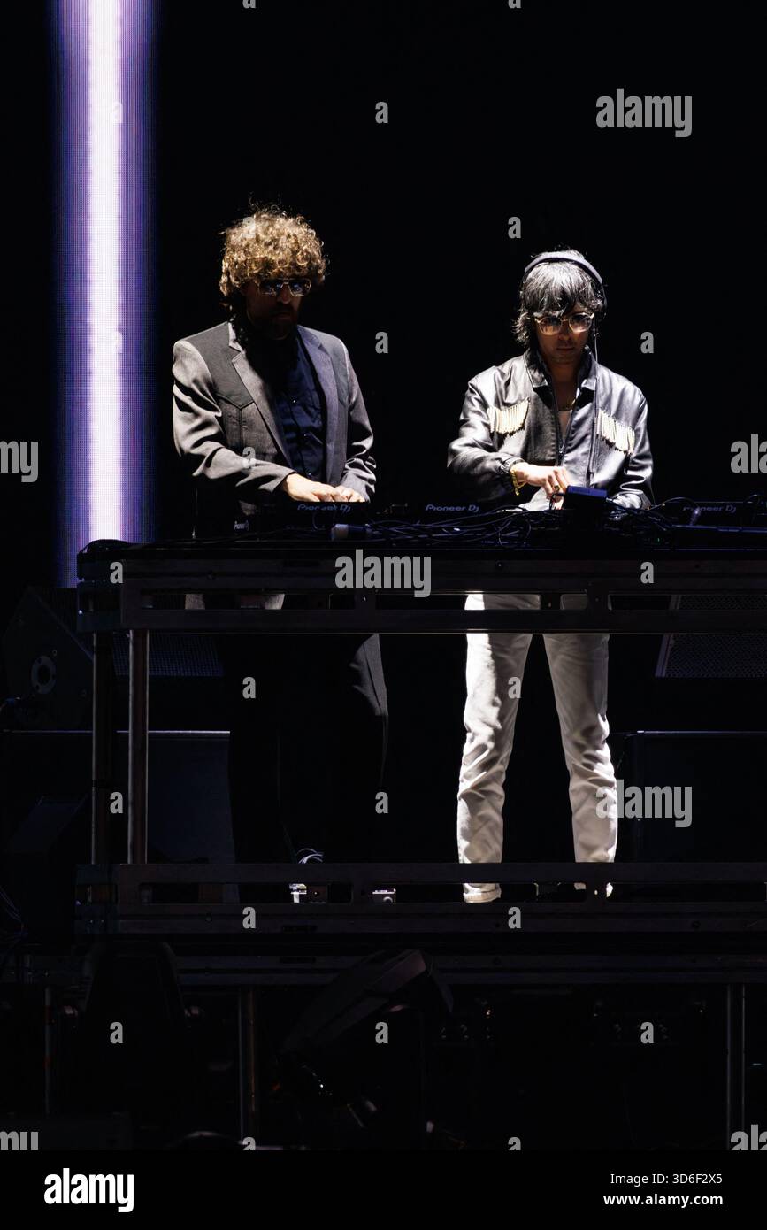 Gaspard Augé and Xavier de Rosnay of Justice perform on stage during ...