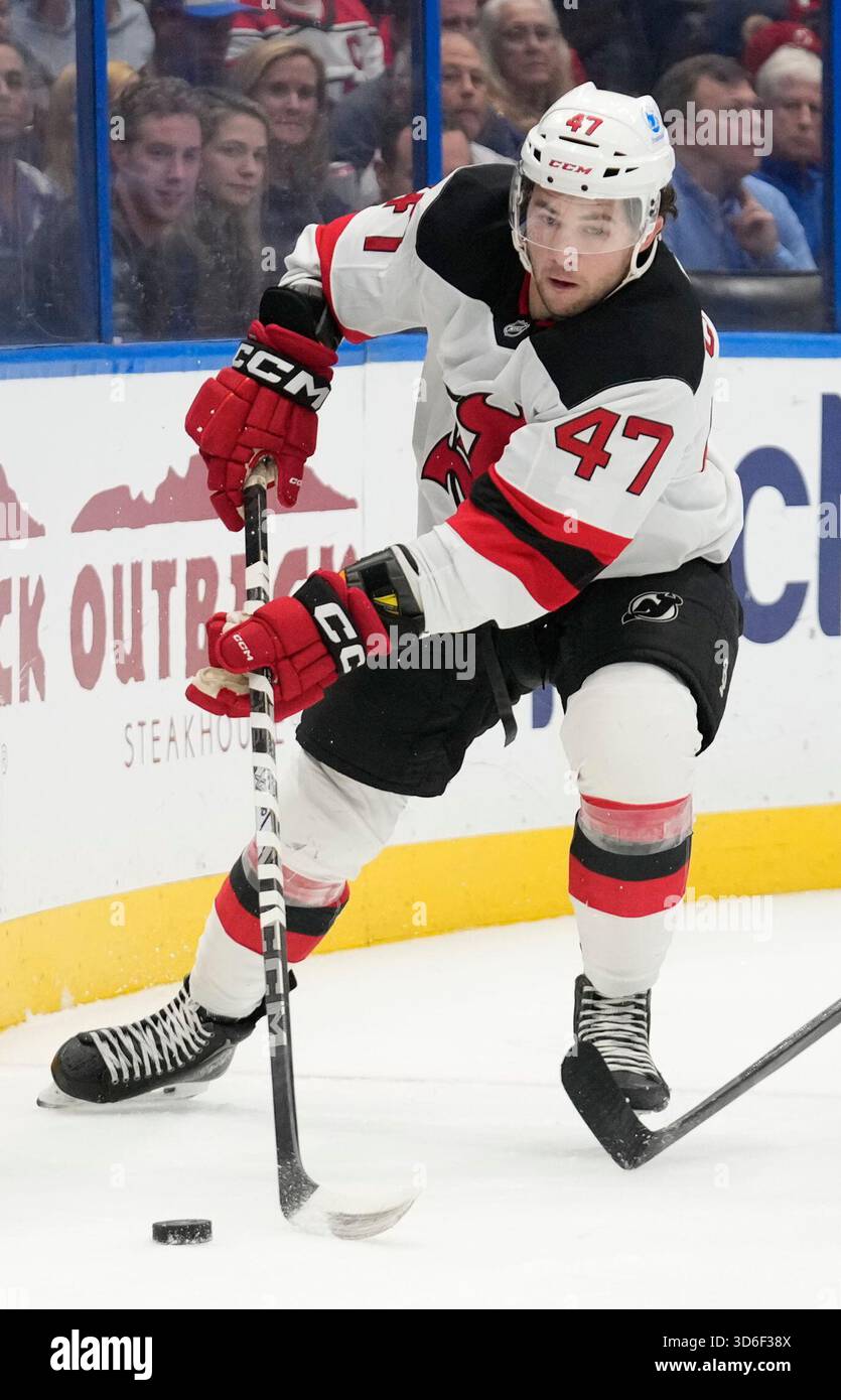 New Jersey Devils left wing Paul Cotter (47) against the Tampa Bay ...
