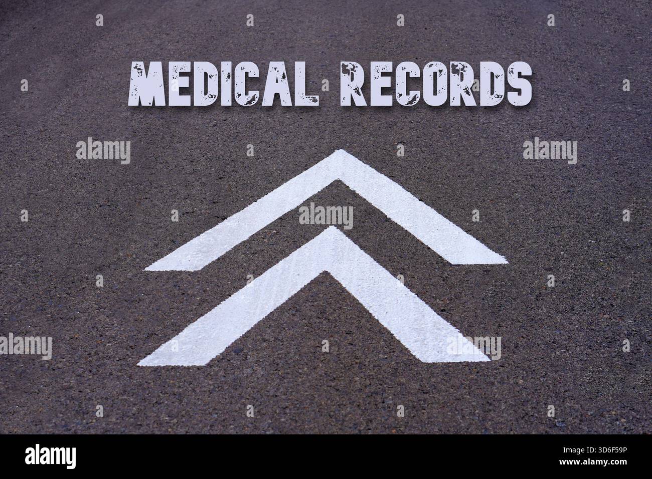 medical records. Words written on the asphalt above an icon of upward ...