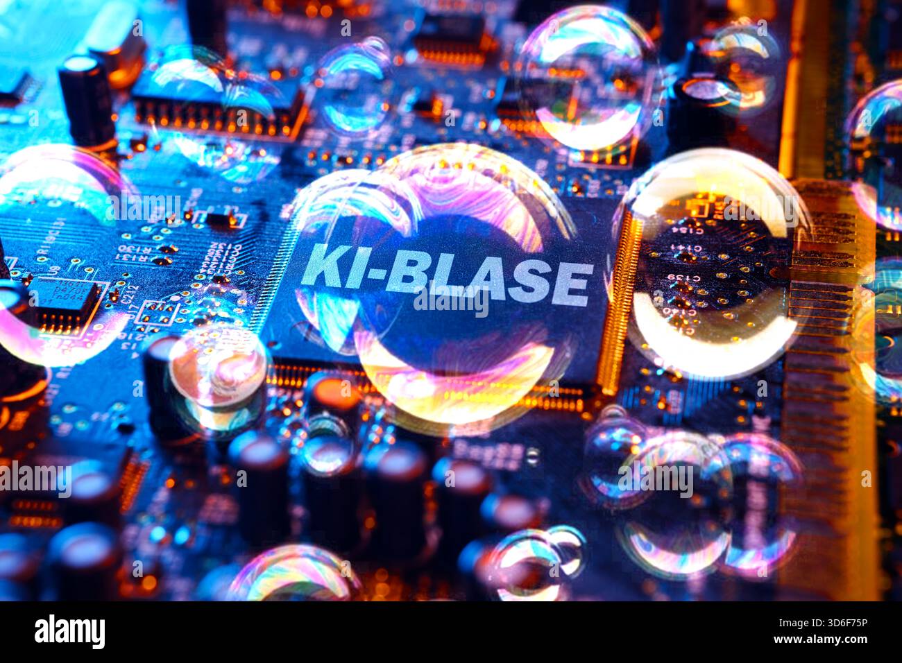 FOTOMONTAGE, Mikrochip mit Aufschrift KI-Blase und Seifenblasen ...