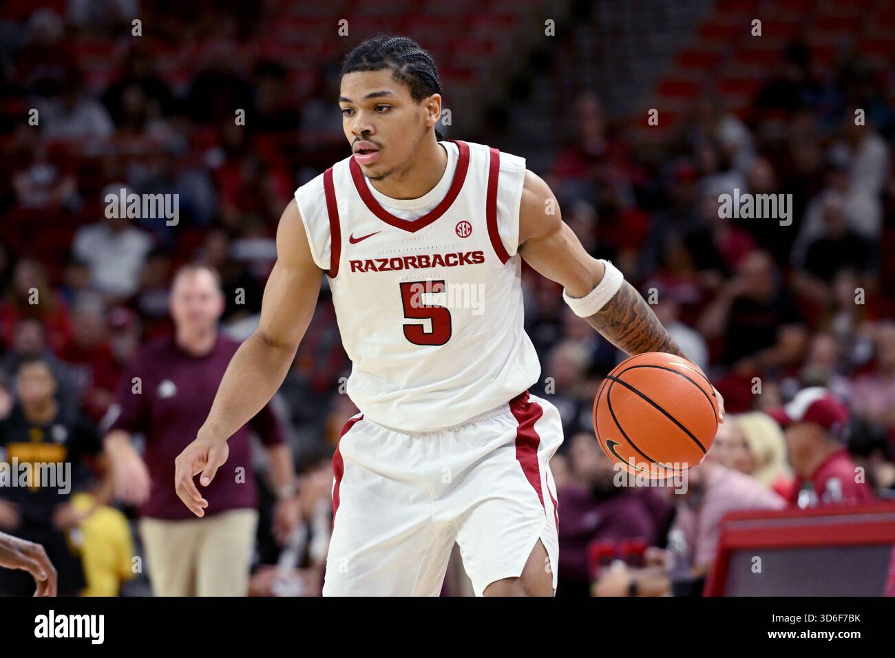 Arkansas guard Darius Acuff Jr. (5) runs a play against Winthrop during ...