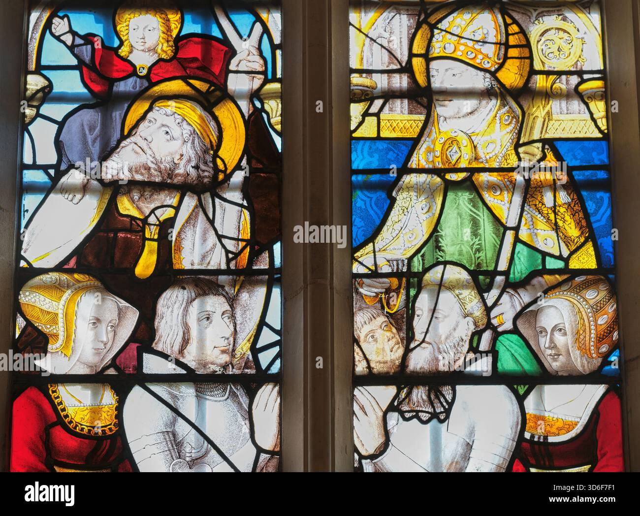 Stained glass window, of people praying for the dead, in All Souls ...