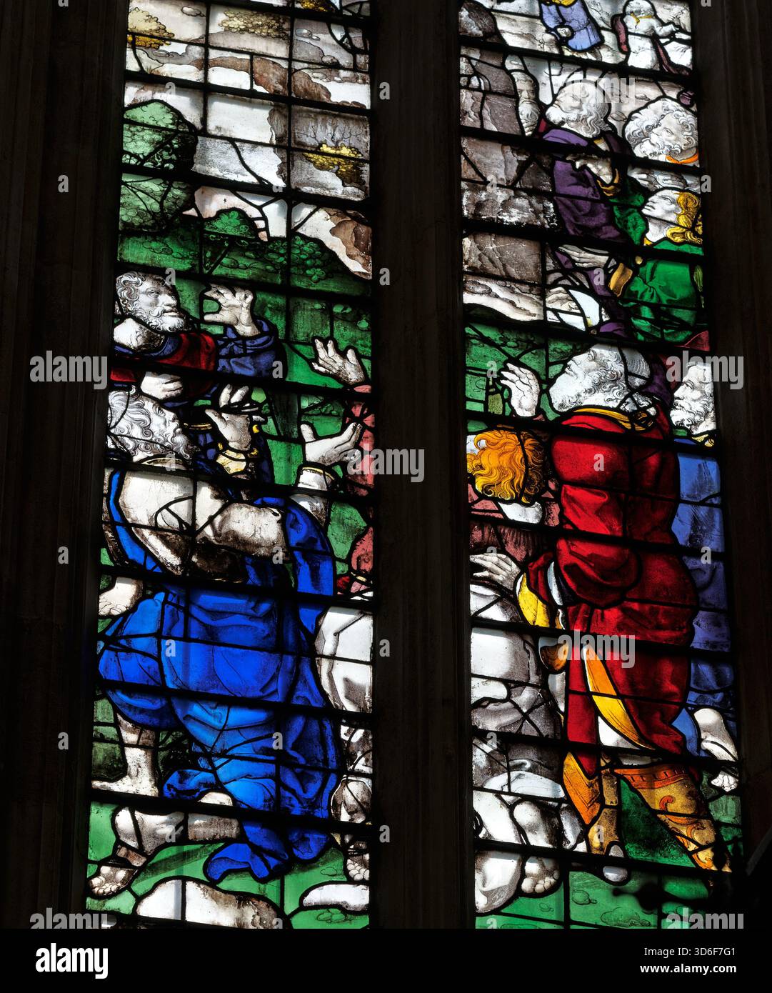 Stained glass window, of Jesus' disciples watching him ascend into ...