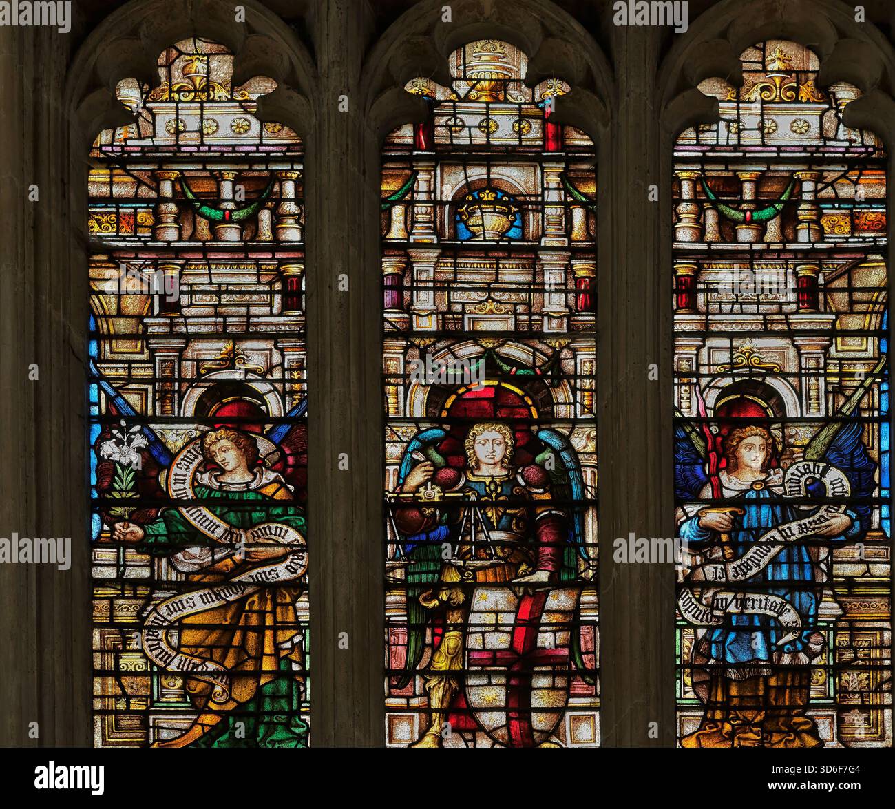 Detail in the stained glass window at the west end of the ante-chapel ...