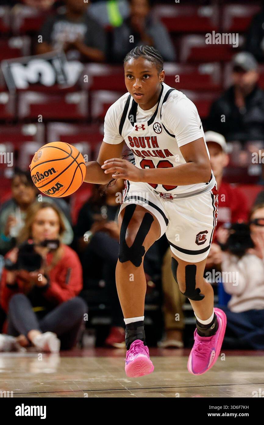 South Carolina guard Ta'Niya Latson pushes the ball upcourt during the ...