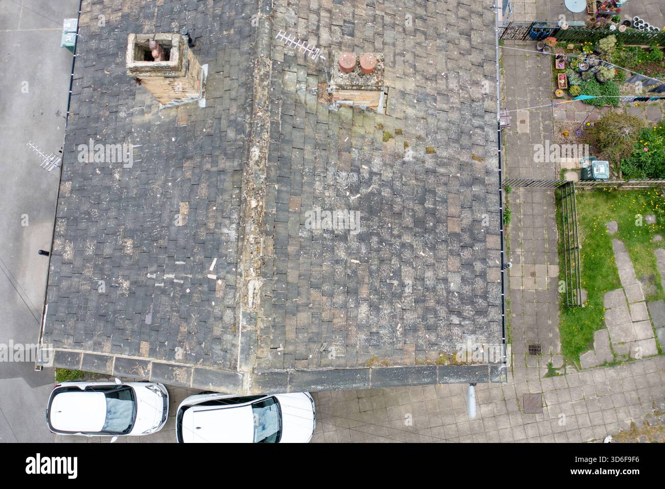 Aerial drone photo of a typical British terrace house in the UK showing ...