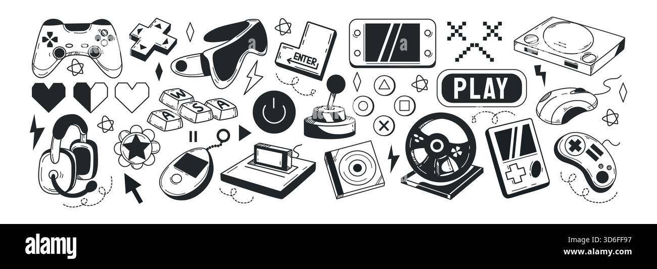 Hand drawn black video game doodle set. Gaming controller, retro ...