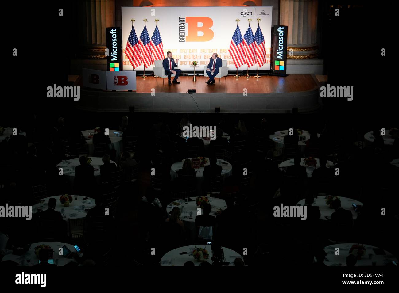 Vice President JD Vance, left, speaks with Breitbart News Washington ...