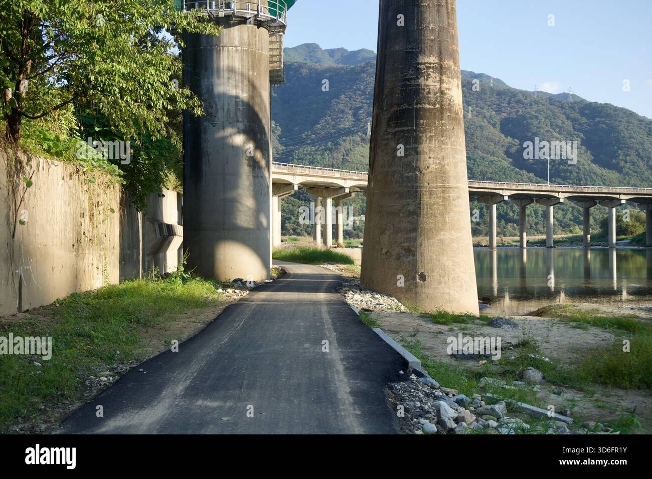 A fresh strip of asphalt threads between massive bridge piers on the ...