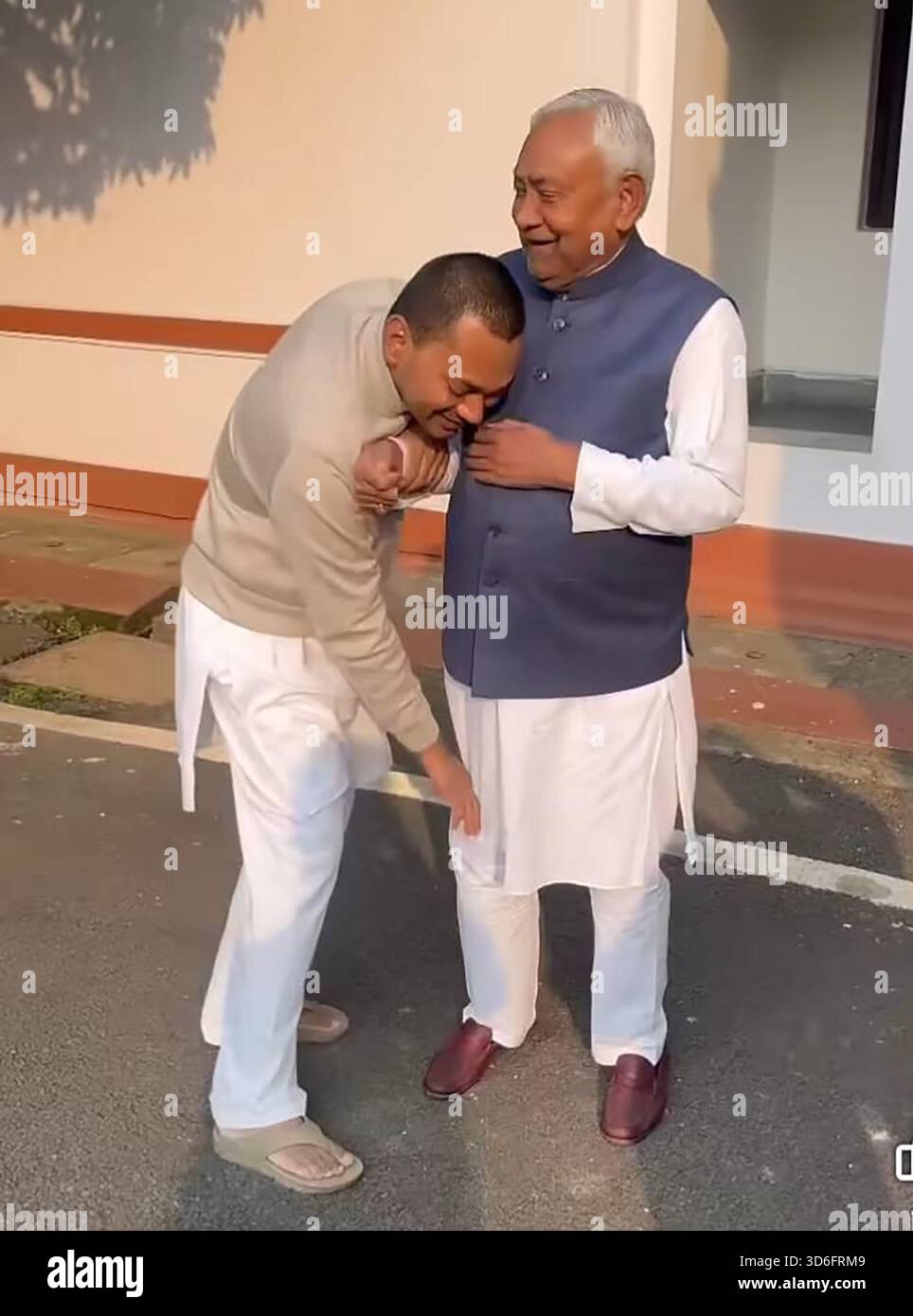 PATNA, INDIA - NOVEMBER 20: Son Nishant Kumar greets his father Bihar Chief Minister Nitish ...
