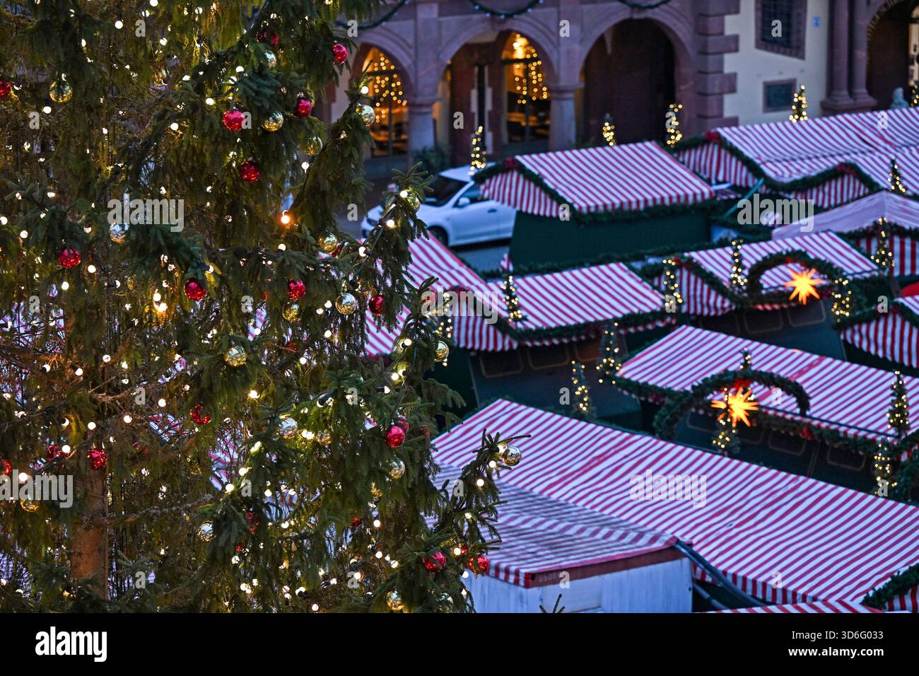 20 November 2025, Saxony, Leipzig: The Christmas tree at the Leipzig Christmas market is ...