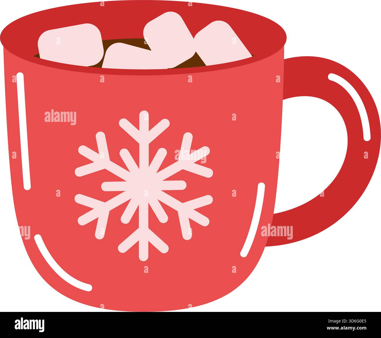 Red mug with cocoa and marshmallows, decorated with snowflake graphic ...