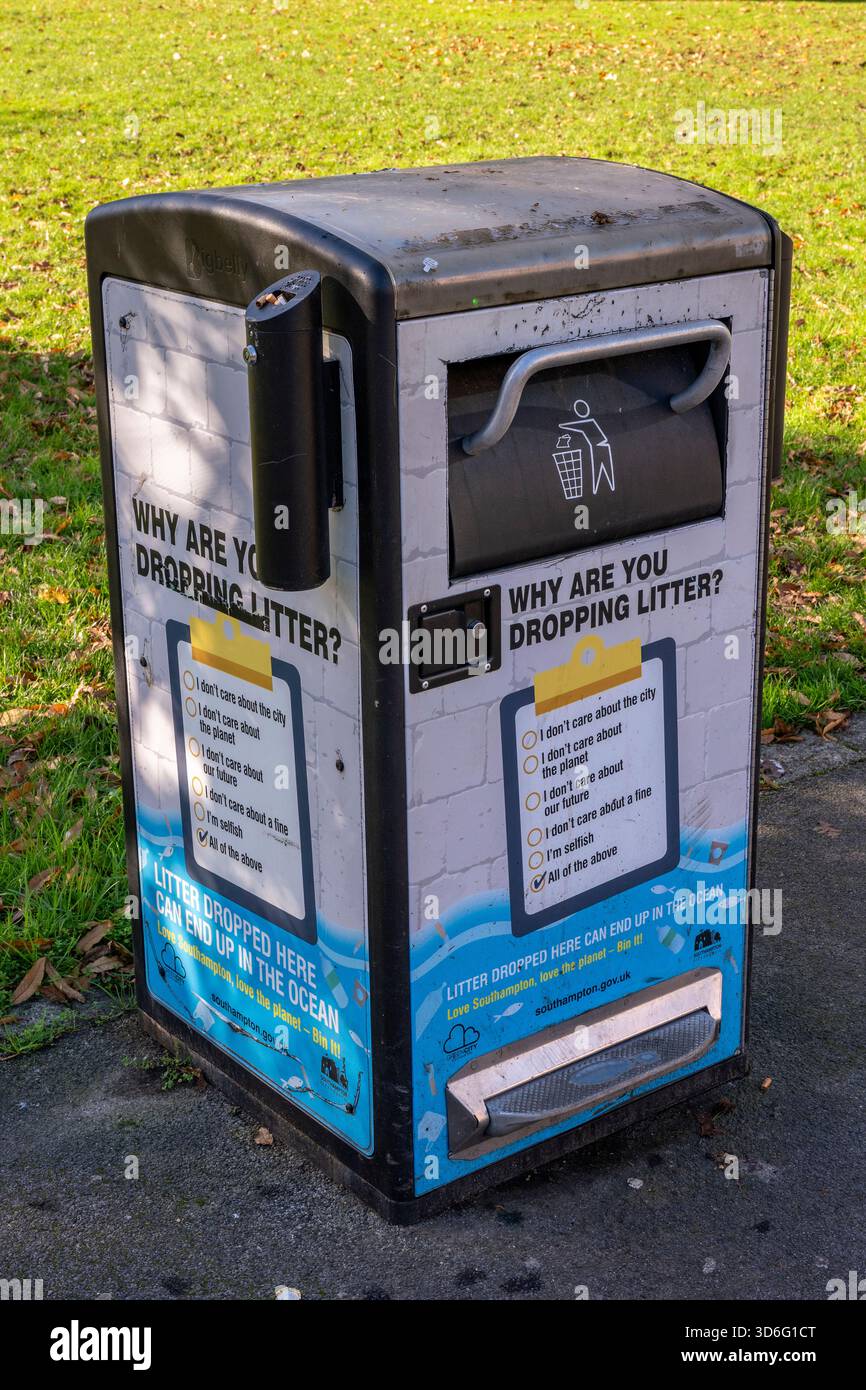 modern litter bin in a Southampton park asking passers-by 'why are you ...